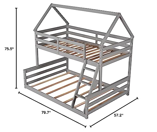 Twin Over Full House Bunk Bed with Built-in Ladder, Low Bunk Bed Fram w/Safety Guard Rails and Wood Slat Support for Kids Teens Adults, Convertible to 2 Beds, No Box Spring Required,Gray
