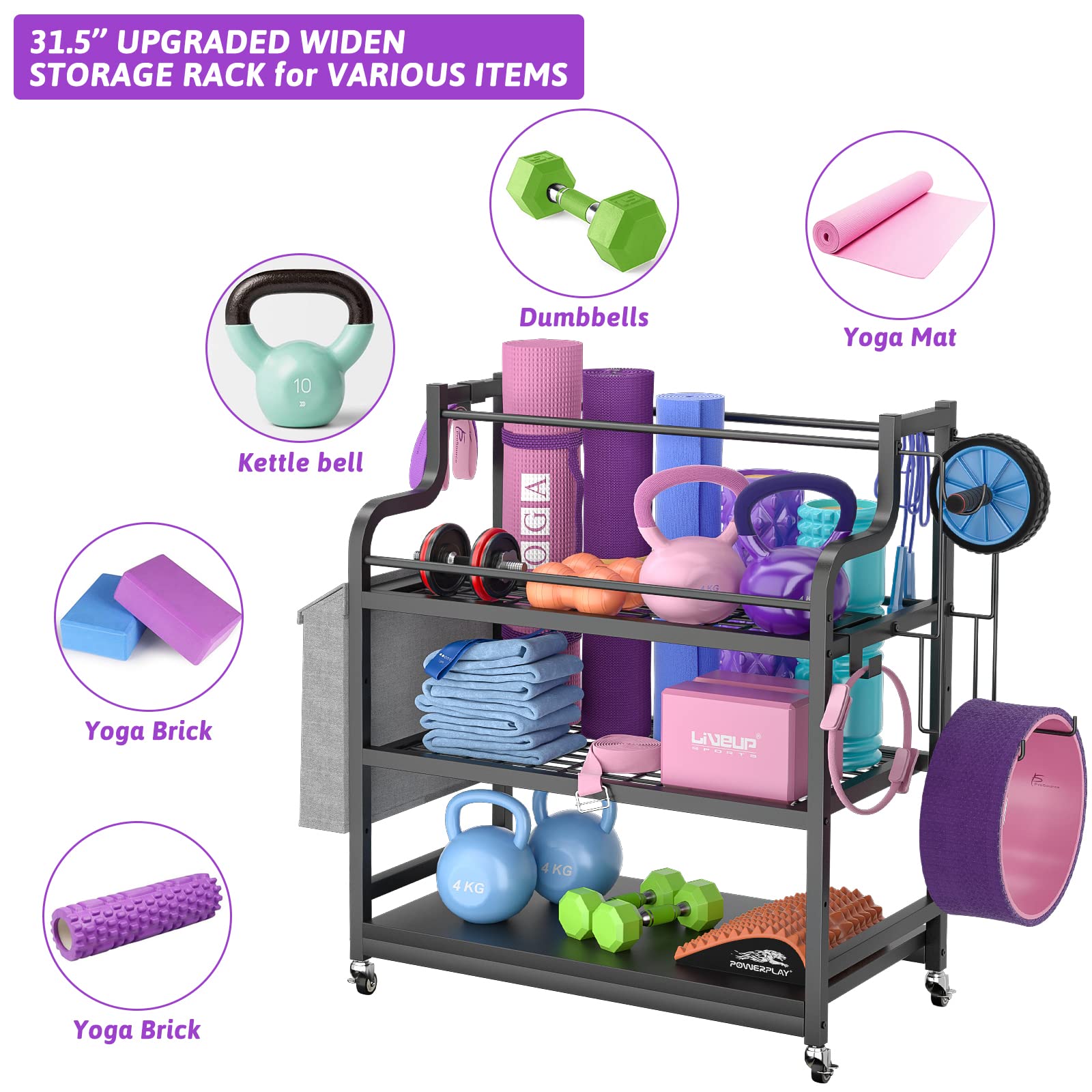 Cyclysio Yoga Mat Storage Racks, Home Gym Storage Rack Workout Equipment Organizer for Dumbbells Kettlebells Foam Roller Resistance Bands with Wheels and Hooks, Dumbbell Storage Rack, Black+Black
