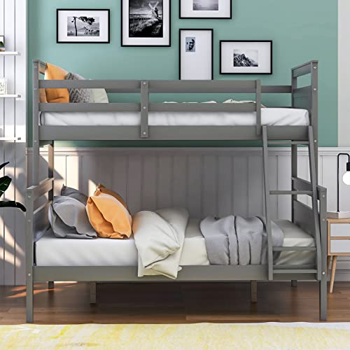 Twin Over Full Bunk Bed,Solid Pinewood Bedframe w/Safety Guardrails and Ladder,Can Be Separated into 2 Beds,for Dorm,Bedroom,Guest Room Furniture,No Box Spring Needed,Gray