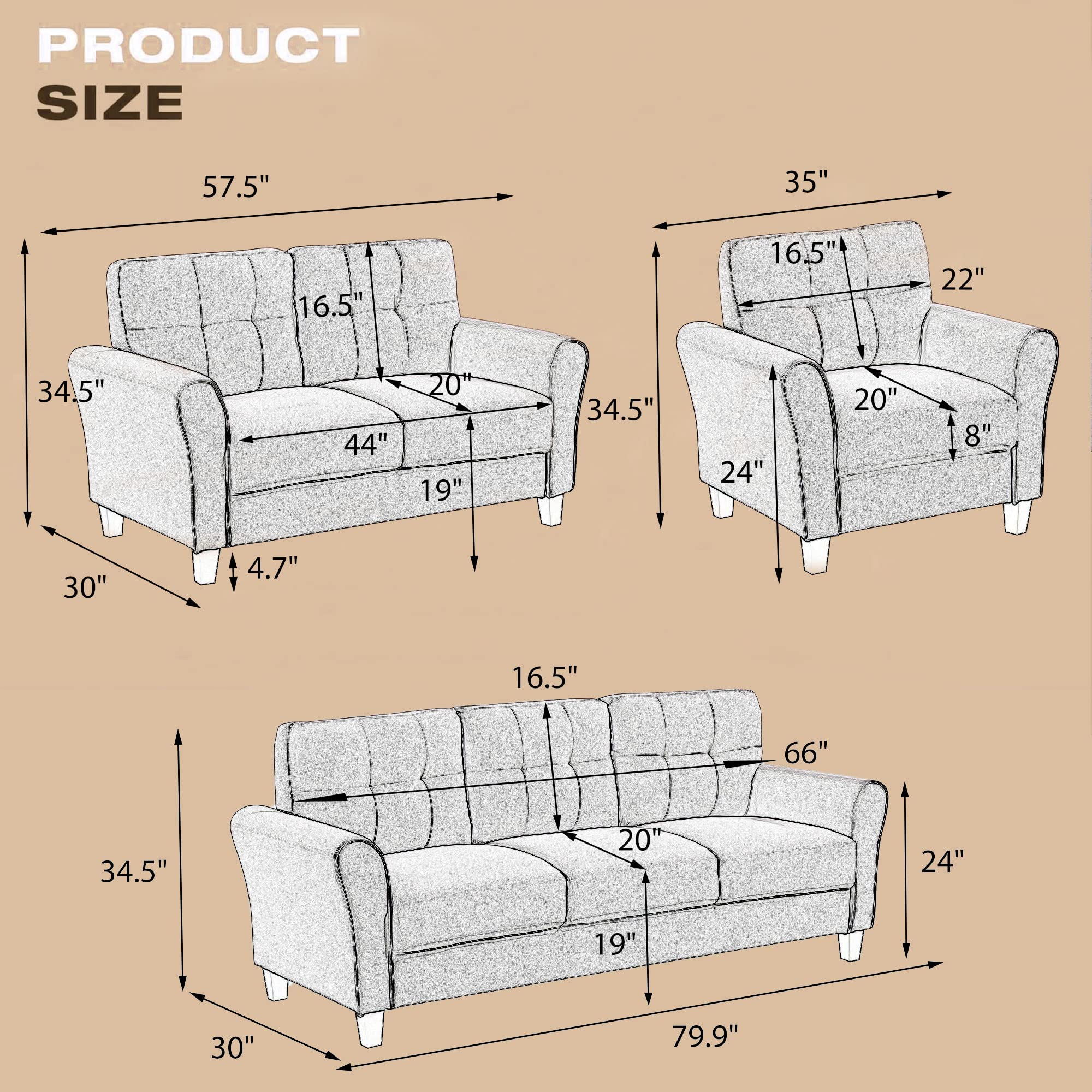 Harper & Bright Designs 3-Pieces Living Room Sofa Set with 3-Seat Couch, 2-Seat Loveseat, Single Sofa Chair, Modern Velvet Upholstered Sofa for Living Room, Office, Brown Flannel