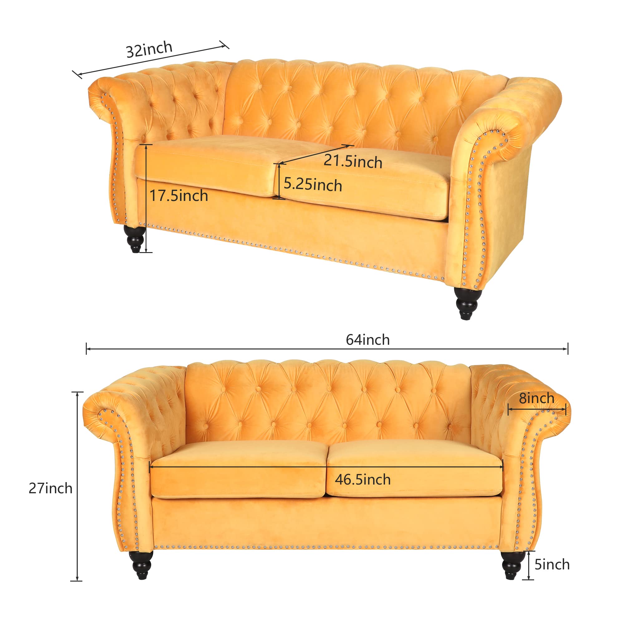 LEVNARY Velvet Sofa, Chesterfield Tufted Upholstered 2 Seater Couch, Modern Loveseat Couch Classic Furniture for Living Room Bedroom (Yellow)