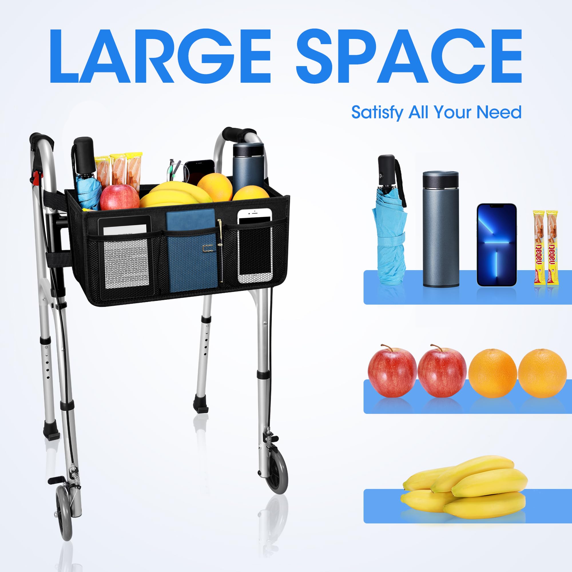 Upgrade Dotday Walker Basket Walker Bag Water Cup Holder, Foldable Walker Storage Bag with Big Capacity & Never Tipping Over, Best Gift for Family - Black (Not Fit Rollator Walkers)