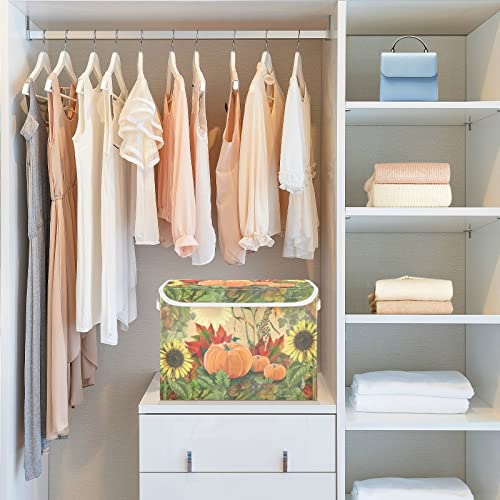 innewgogo Thanksgiving Pumpkin Sunflower Storage Bins with Lids for Organizing Closet Organizers with Handles Oxford Cloth Storage Cube Box for Car