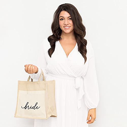 WEDDINGSTAR Medium Reusable Woven Jute Tote Bag With Pocket - Bride