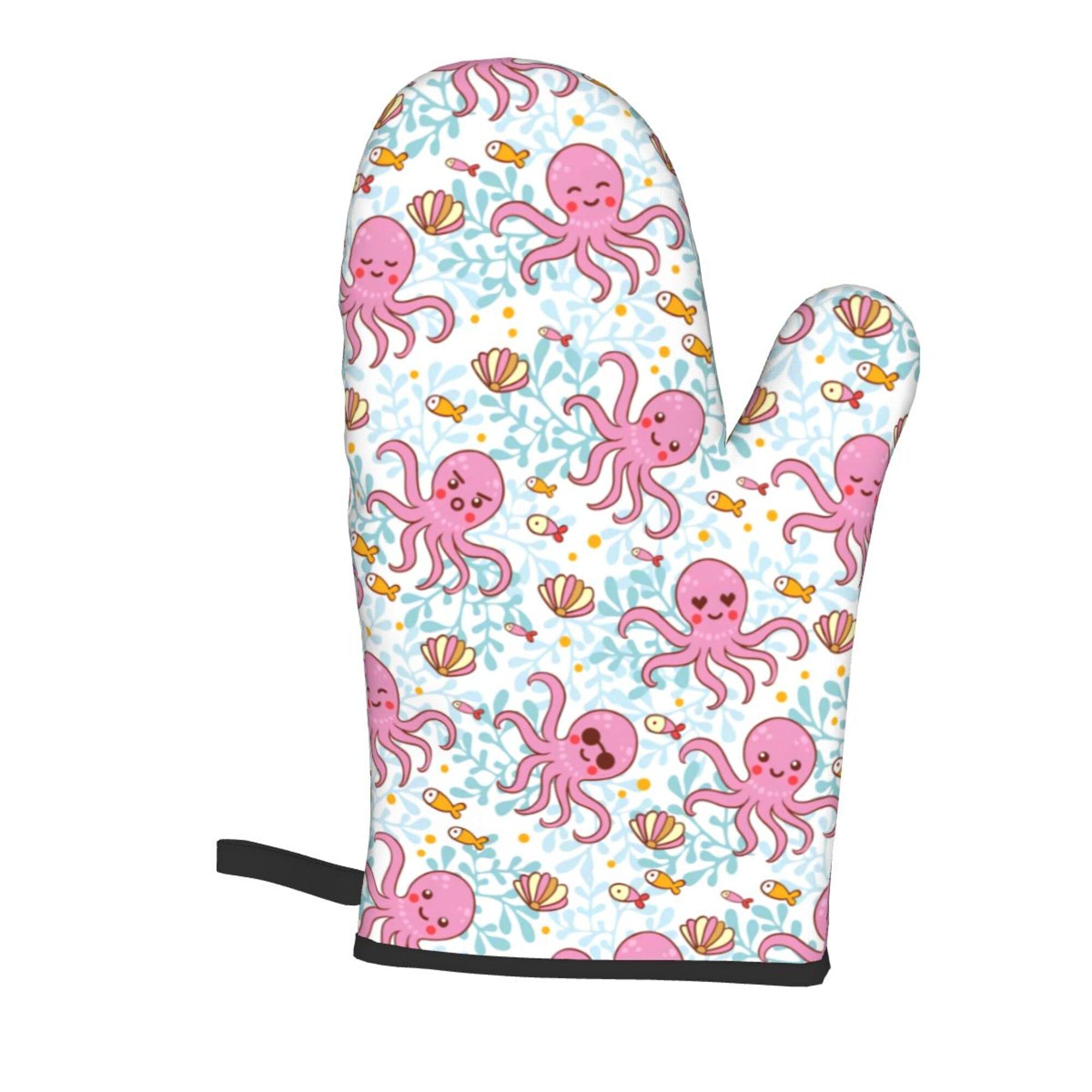 Cute Octopus Oven Mitts and Pot Holders Sets of 4 Heat Resistant Cooking Gloves and Potholders Non-Slip Kitchen Mittens Hot Pads with Hanging Loop for Kitchen Baking BBQ Grilling Picnic
