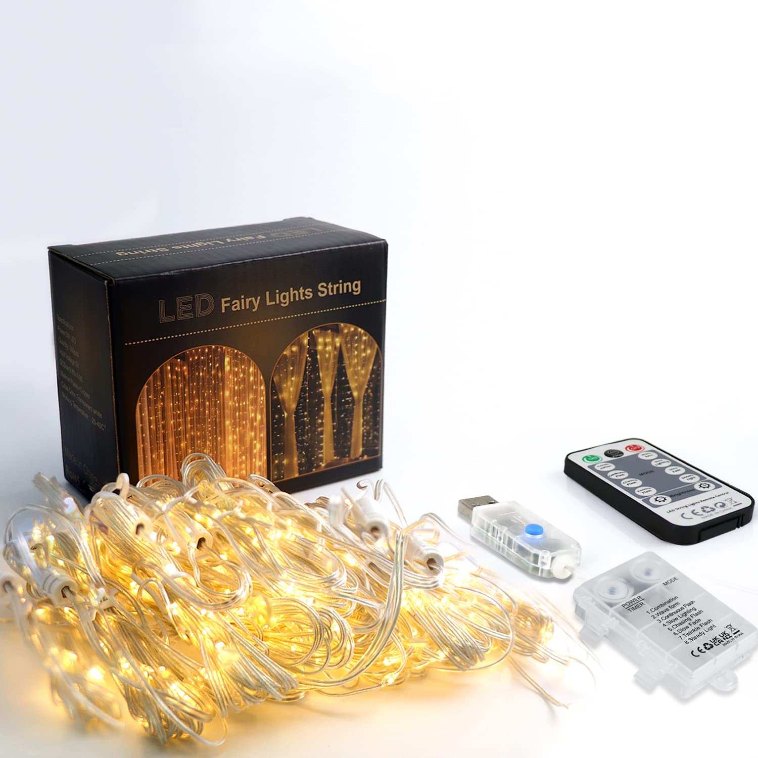 Curtain String Lights, Battery/USB Powered 200 LED Twinkle Light with Remote, Auto On/Off Setting & 8 Modes Fairy Lights for Indoor/Outdoor Bedroom Party Decor (Warm White 9.8 x 6.6Ft)