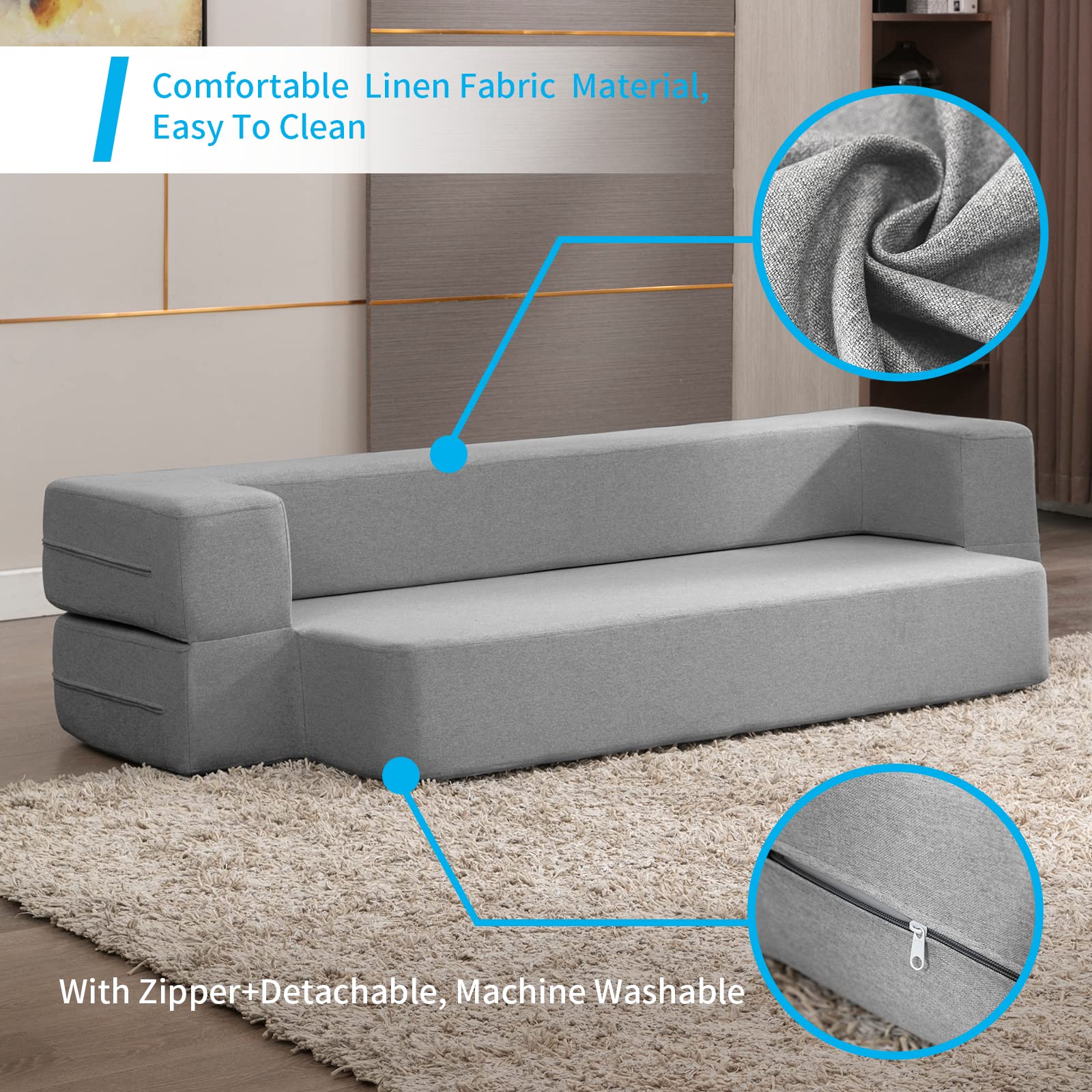 Mjkone 8.6 Inches Floor Sofa Bed Queen Size, Convertible Folding Sofa Bed, Sleeper Couch Bed with Memory Foam Mattress, Guest Bed for Living Room/Bedroom/Guest Room/Home Office (Light Grey)