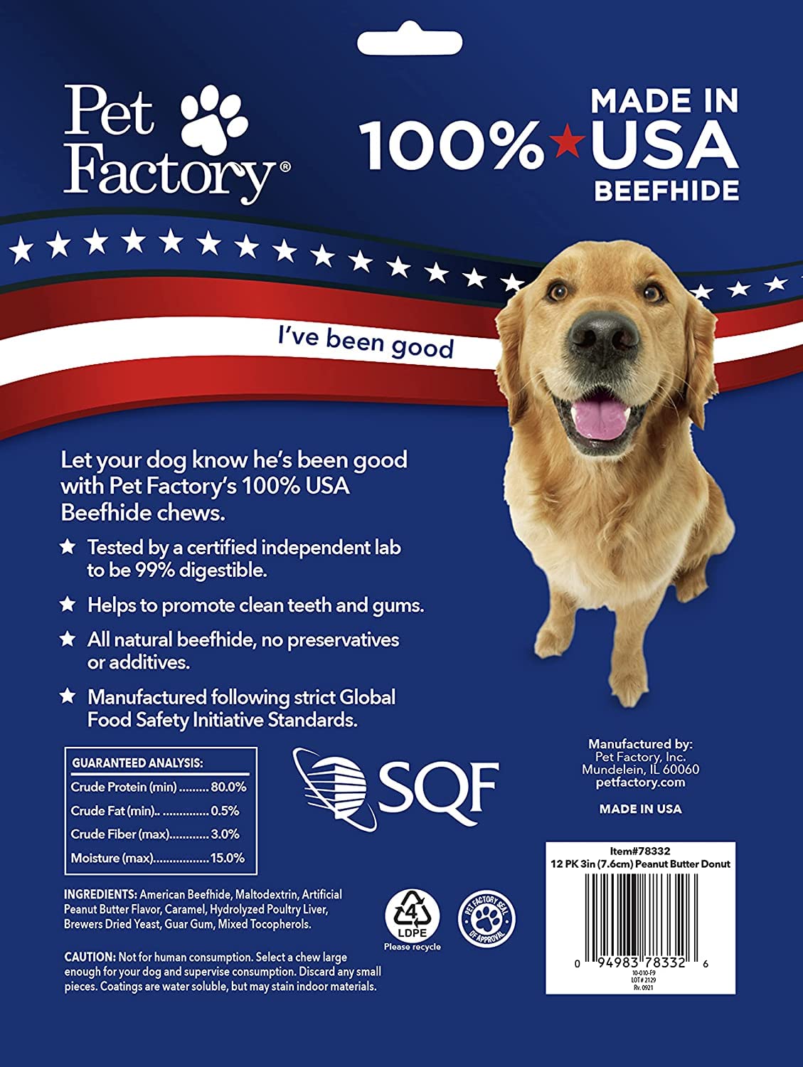 Pet Factory 100% Made in USA Beefhide 3" Donuts Dog Chew Treats - Peanut Butter Flavor, 12 Count/1 Pack