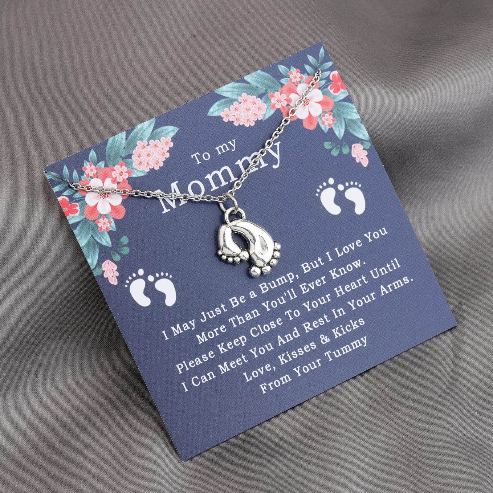WSNANG First Time Mom Pregnancy Gift Necklace with Message Card Feet Footprints Pendant Necklace for Expecting Mom (Feet Bump NL Card)