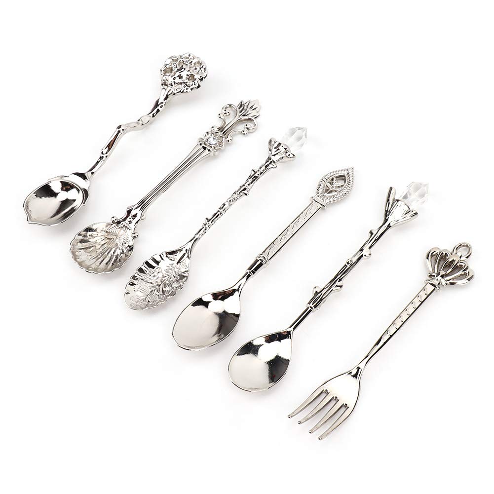 Fdit 6Pcs/Set Vintage Carved Coffee Spoon Teaspoon Retro Zinc Alloy Dessert Coffee Tableware Spoons Cutlery Kitchen(Silver)