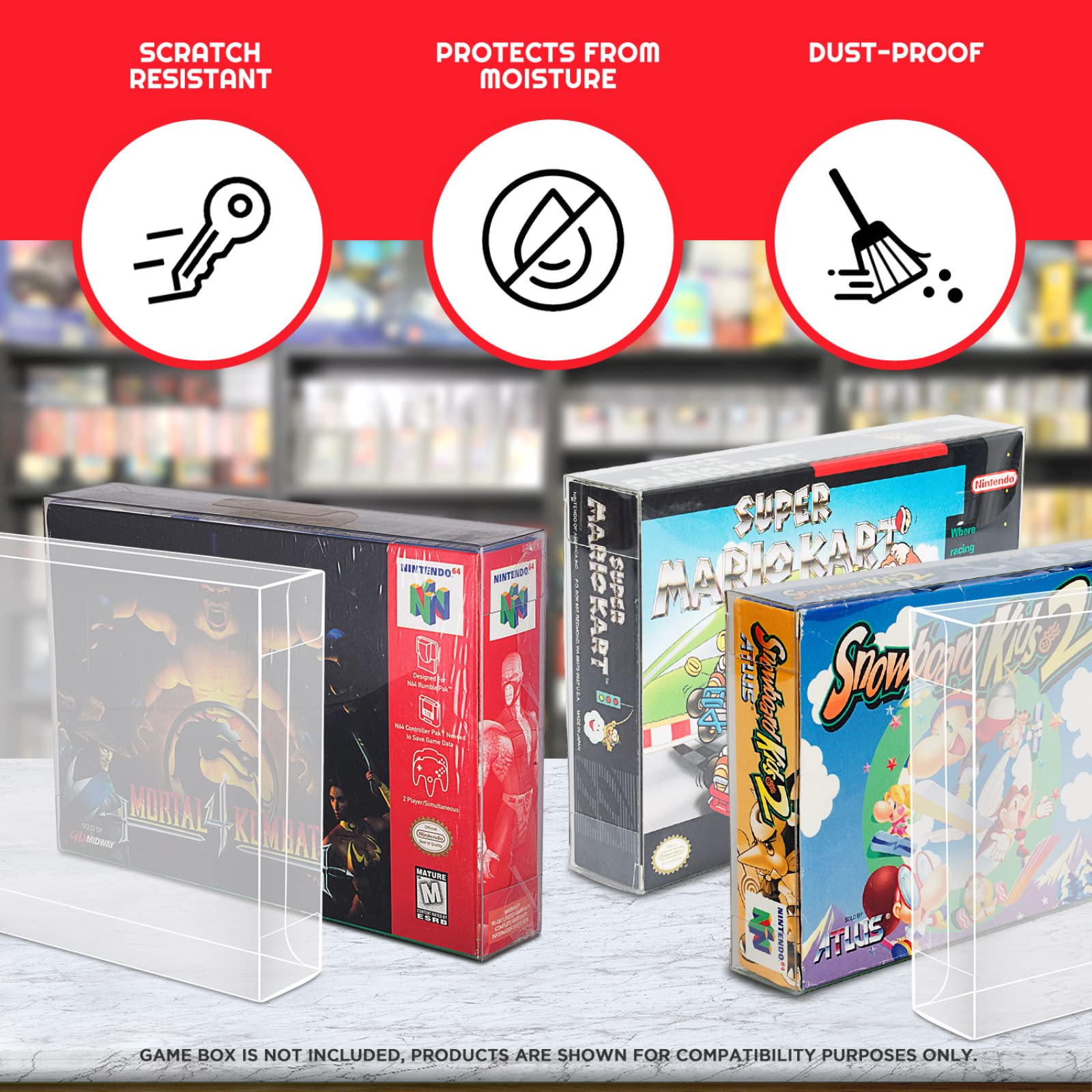 Video Game Box Protector for SNES / N64 Games - 0.40MM Thick PET Protector, SNES/Nintendo 64 Video Games Display Case compatible for Super Mario, Donkey Kong,Zelda (Pack of 25)