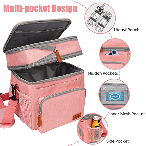 Insulated Lunch Bag for Women Men, Expandable Dual Compartment Lunch Bag with Utensil Pouch, Adult Large Lunch Box for Work, Leakproof Lunch Cooler Bag with Shoulder Strap for Picnic Beach