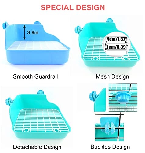 Lucky Interests 2 pcs Rabbit Litter Box, Hanging Bunny Corner Small Animal Toilet Potty Trainer with Pet Crate Bowl and Spoon, Mini Broom & Dustpan, Disposable Cage Liner for Guinea Pigs (Blue, Green)