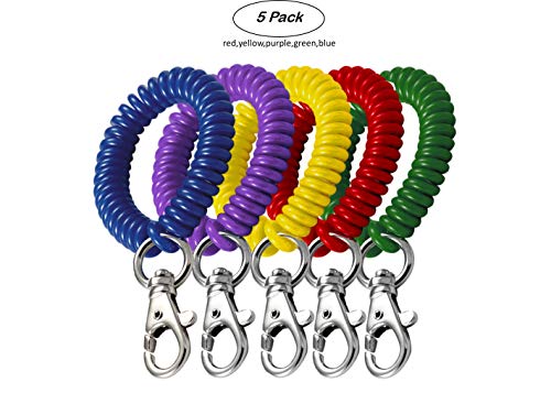 Lucky Line 2” Diameter Spiral Wrist Coil with Trigger Snap, Flexible Wrist Band Key Chain Bracelet, Stretches to 12”, Assorted Colors, 5 Pack (4071005)