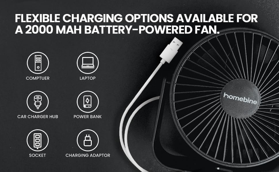 homebine Desk Fan 2000 mAh Battery Fan Rechargeable Mini Fan 4 Adjustable Speed Wireless Fan USB with Strong Airflow Table Fan 360° Rotatable Head Personal Fan for Home and Office