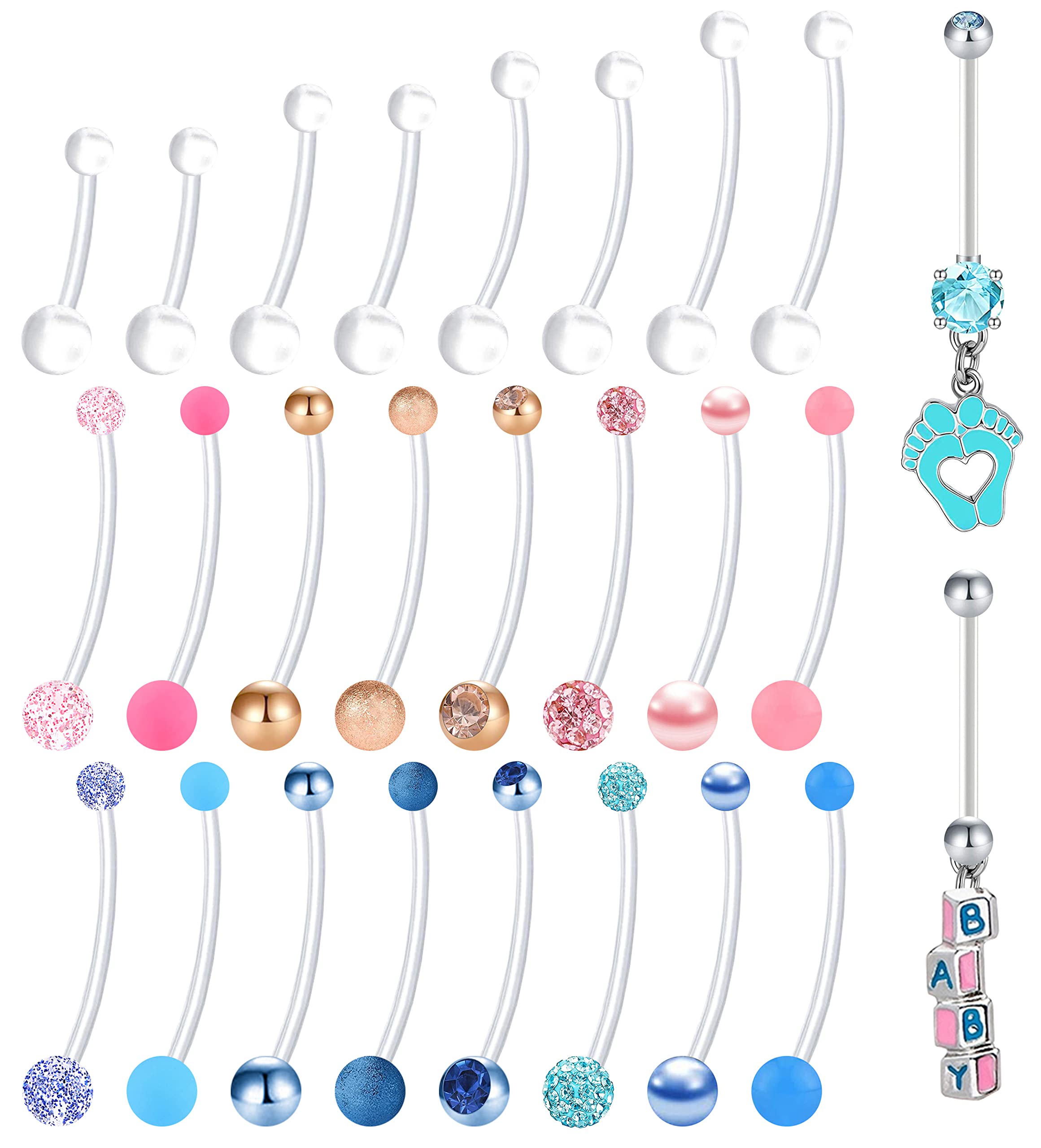 EVELICAL 26Pcs Pregnancy Belly Button Rings Long Bar Maternity Flexible Bioplast CZ Clear Navel Rings Sport Belly Piercing Retainer Body Jewelry Blue