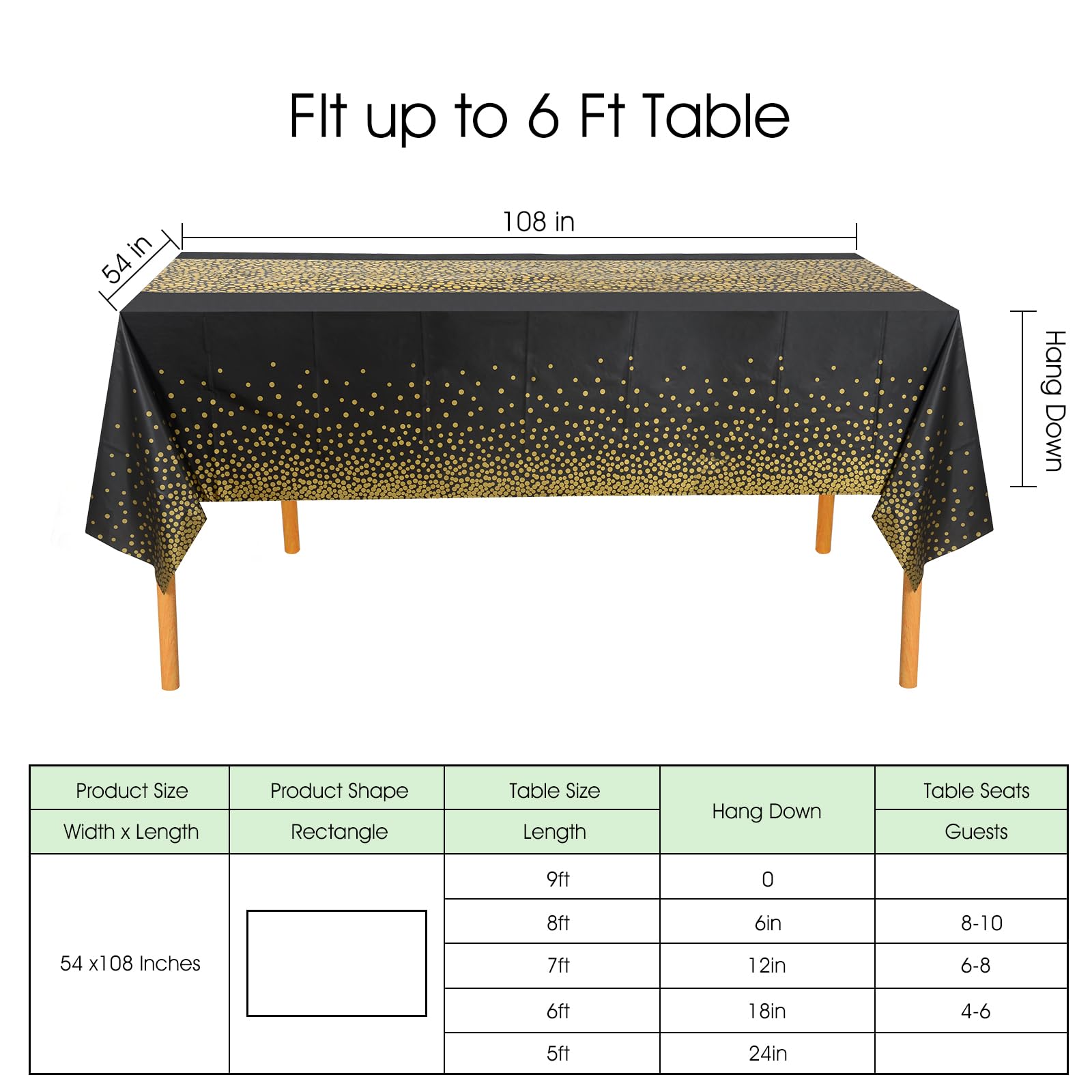 Melsan Disposable Table Cloth for Rectangle Tables, 3 Pack Black and Gold Plastic Table Cloths for Graduation, Retirement, 50th Birthday Party Decorations, 54×108 in