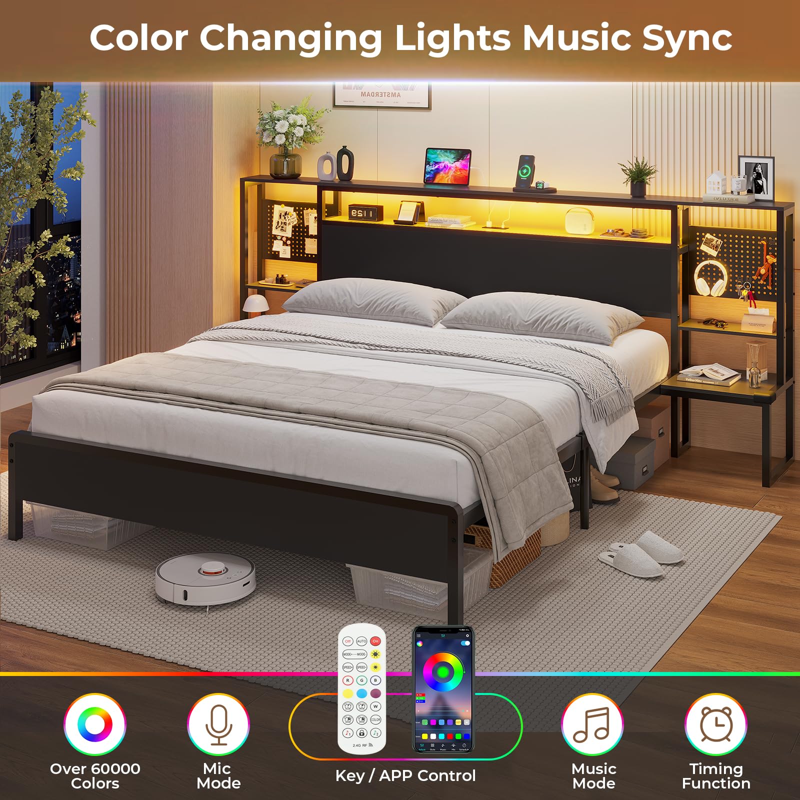 HAUOMS King Size Bed Frame with Storage Headboard & Bedside Storage, Durable Metal Platform Bed with Charging Station & LED Lights, 4-Tier Headboard, Noise-Free, No Box Spring Needed, Black