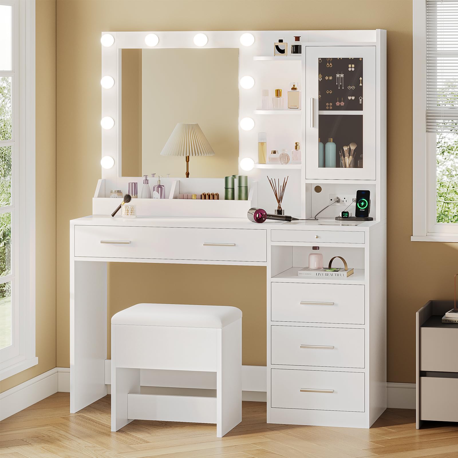 HAUOMS Makeup Vanity Desk with Mirror and Lights & Stool & Charging Station, 4 Drawers Makeup Table with Glass Top Jewelry Organizer & 7 Shelves, 3 Light Settings, Modern White