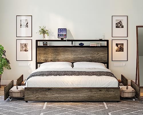 LUXOAK King Size Bed Frame with 4 Storage Drawers, Wooden Platform Bed with 2-Tier Storage Headboard and Charging Station, No Box Spring Needed/Noise Free/Rustic Grey