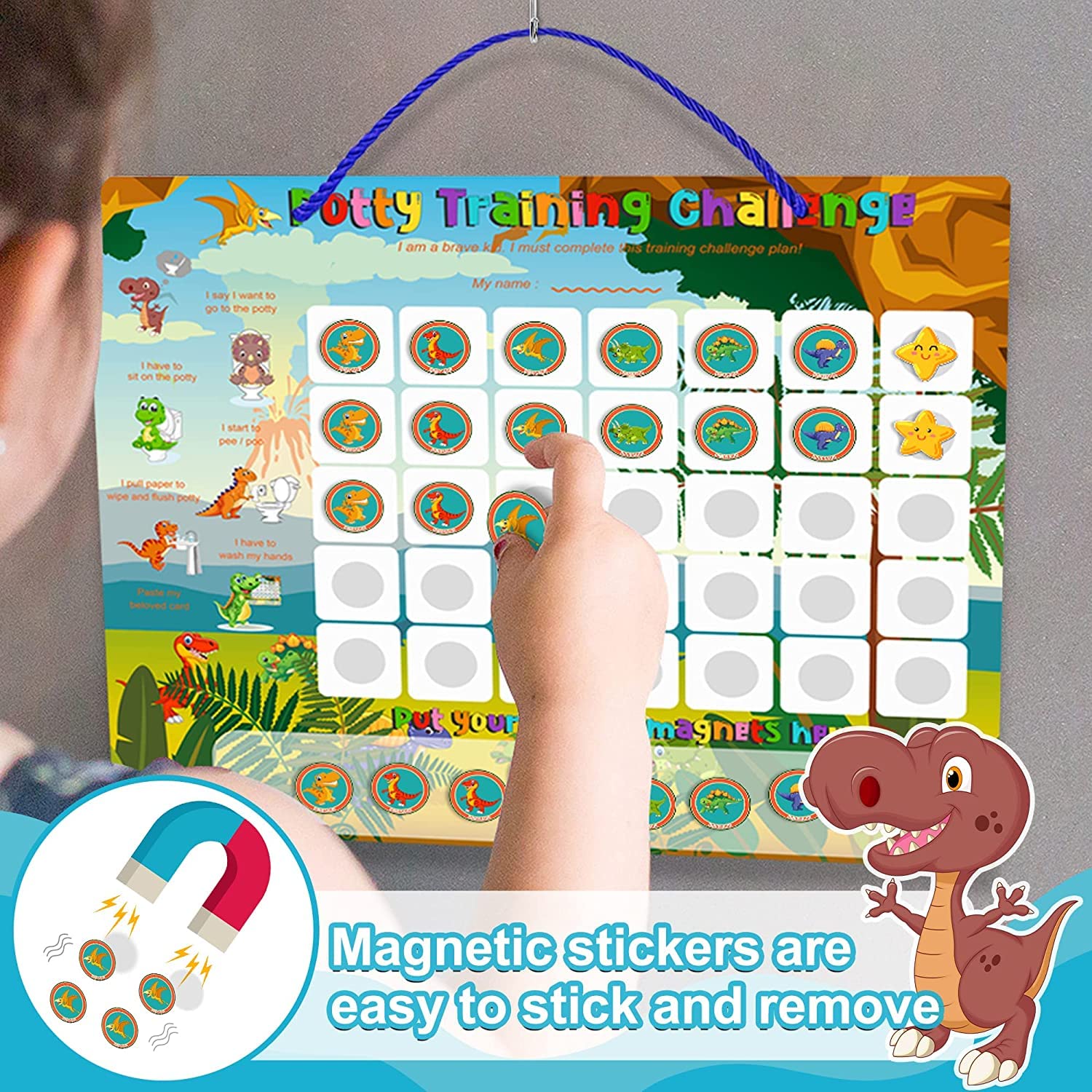 Potty Trainning Chart for Toddlers Fun Kids Toilet Incentives Sticker with 35Pcs Dino Potty Magnetic Reward Stickers