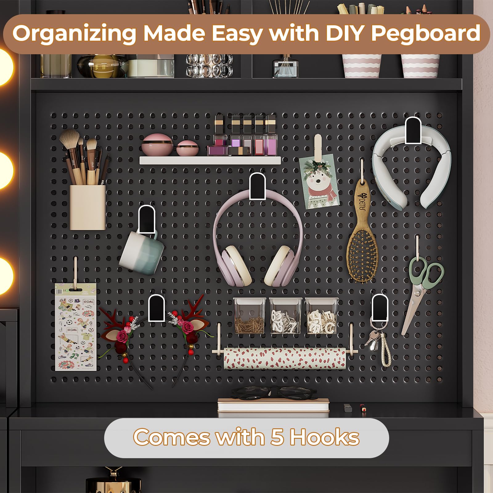 HAUOMS Vanity Desk Dresser Combo, Makeup Vanity with Mirror and LED Light & Power Outlet, Vanity Table with 5 Drawers, DIY Pegboard Included, 3 Light Settings, Modern White