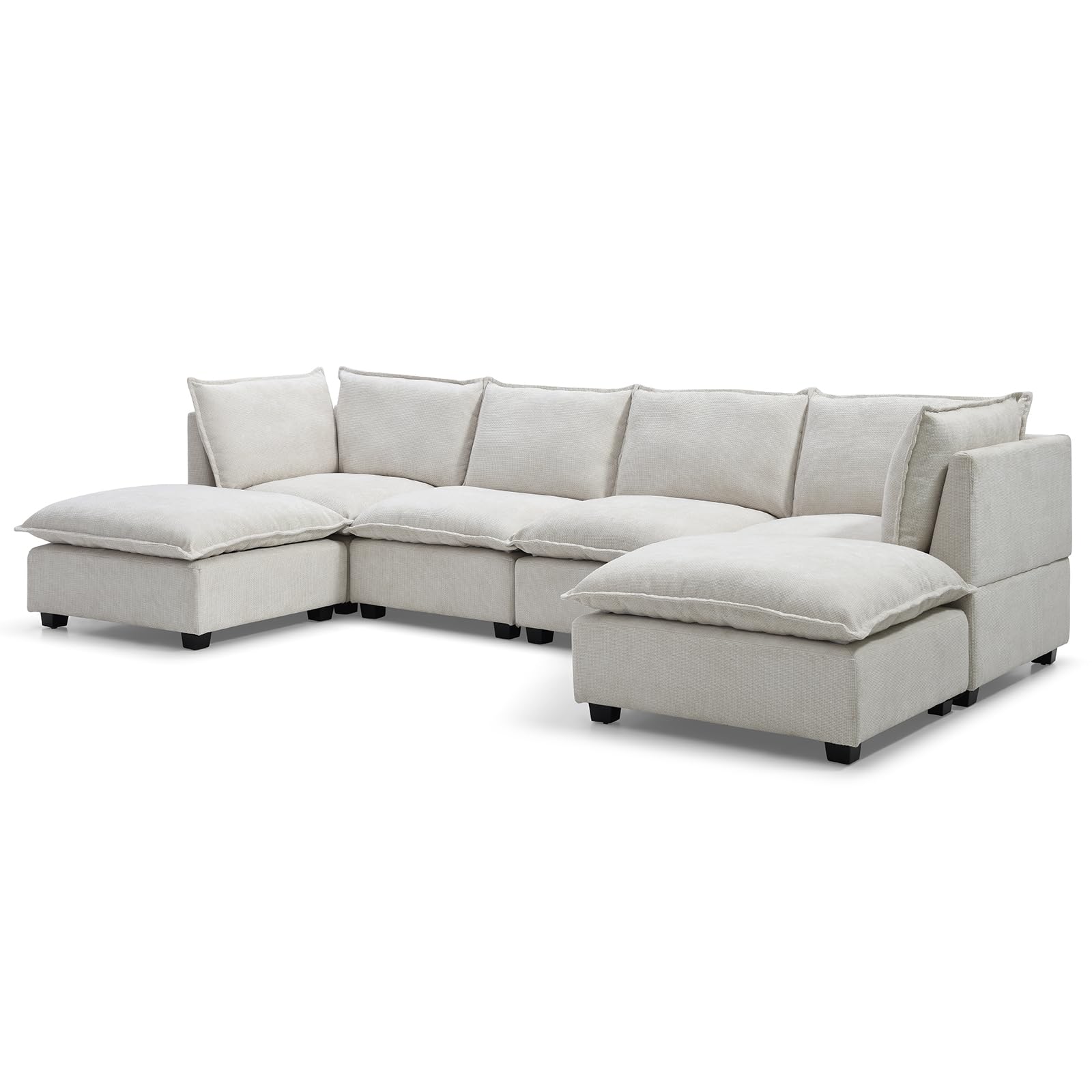 KIVENJAJA 130”W Oversized U-Shaped Down Filled Sectional Couch, 6 Seater Comfy Modular Cloud Sofa with 2 Ottomans, Modern Sleeper Sofa for Living Room, Linen Fabric, Beige