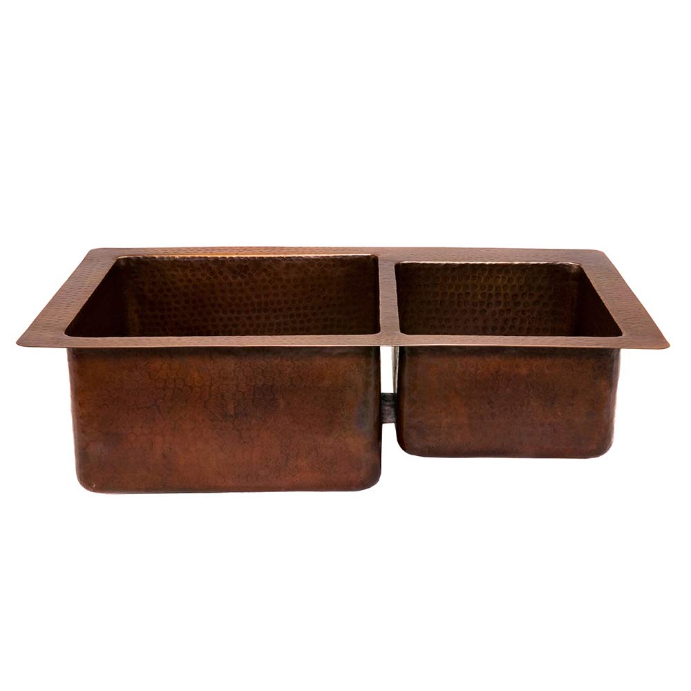 Premier Copper Products K60DB33229 33-Inch Hammered Copper Kitchen 60/40 Double Basin Sink, Oil Rubbed Bronze