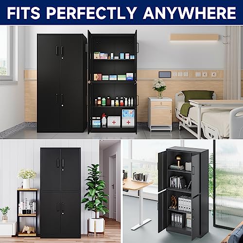 Yizosh Metal Storage Locking Cabinet with 4 Doors and 2 Adjustable Shelves,71" Lockable Garage Tall Steel Cabinet,for Home Office,Living Room,Pantry,Gym,Commercial Storage (Black)