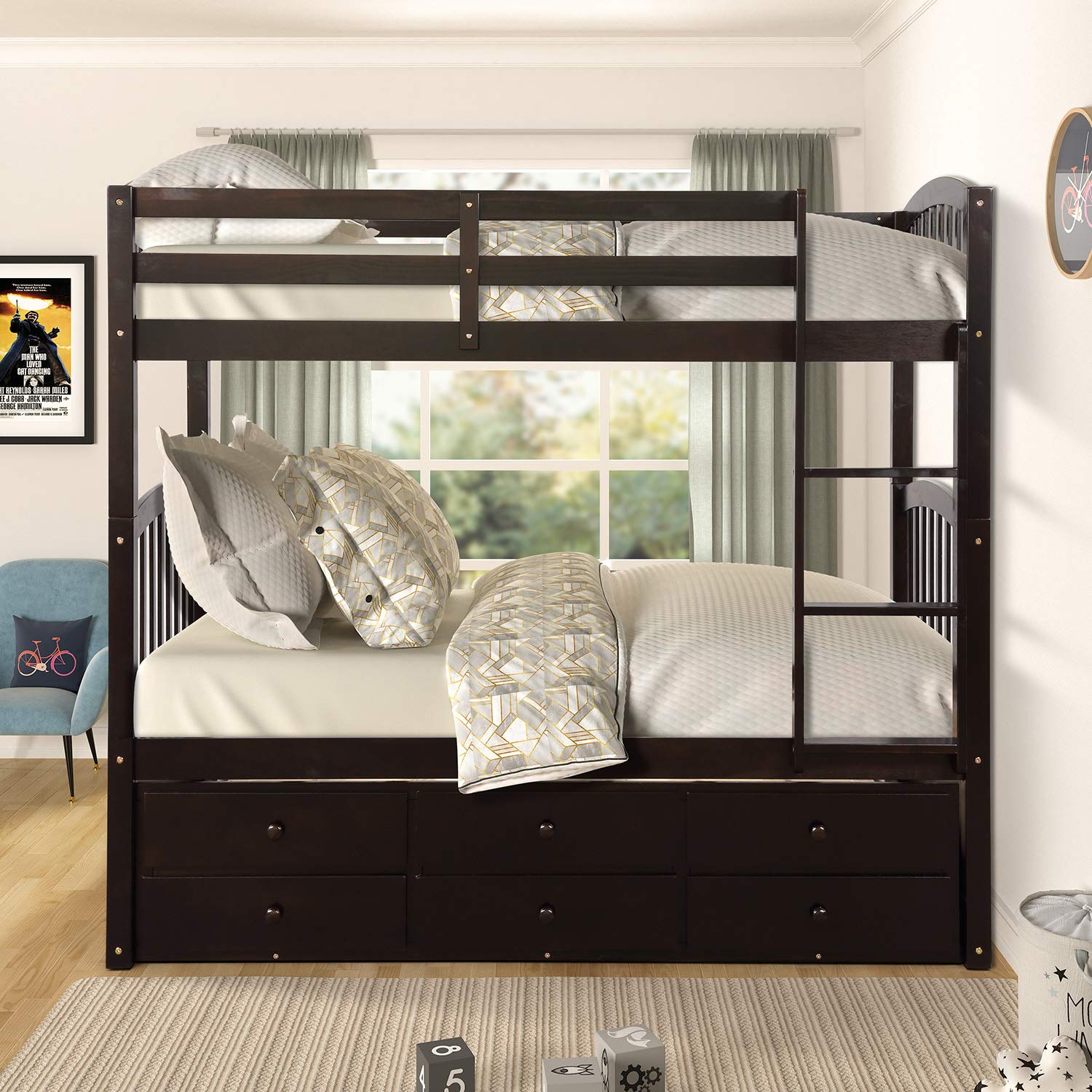 P PURLOVE Twin Over Twin Bunk Bed with Ladder, Wood Bunk Bed Frame with Wooden Slat Support, No Box Spring Needed (Espresso)