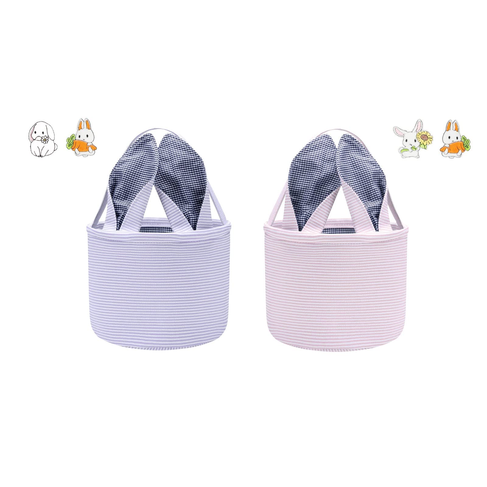 GFU Easter Basket, Seersucker Bunny Baskets for Kids, Eggs Hunt Bag with 2pcs Stickers, Cute Rabbit Ears Stripe Storage Bag, Children Personalized Easter Gifts