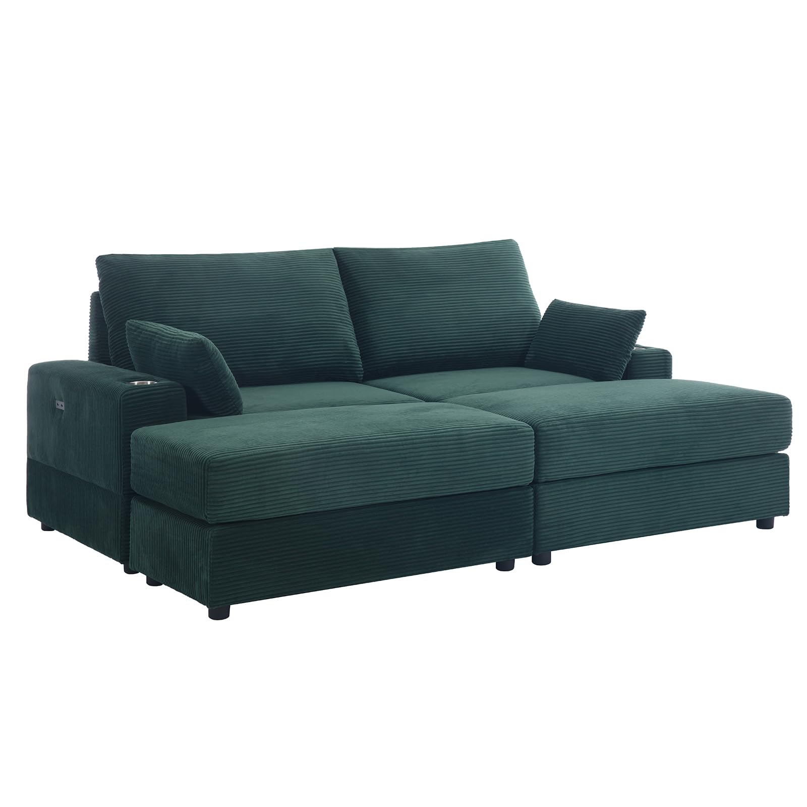 KIVENJAJA 82.7” Corduroy Sectional Couch, Double Chaise Lounge Sofa, Deep Seat Oversized Loveseat with Ottomans, Cup Holder & USB Port for Living Room Apartment Small Space, Green