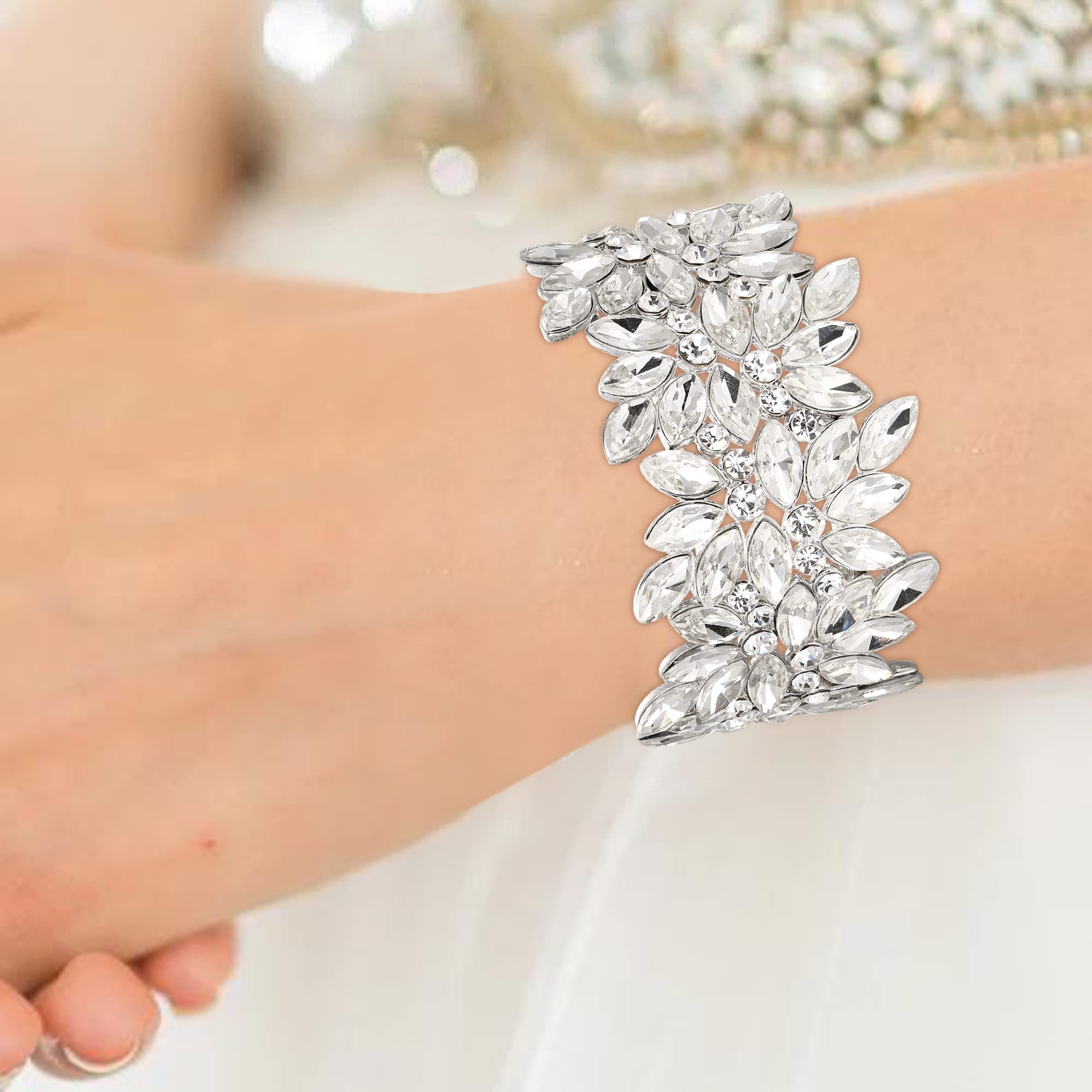 EVER FAITH Elastic Stretch Bracelet Art Deco Vintage Round Marquise-Shaped Crystal Wrist Jewelry for Party Prom