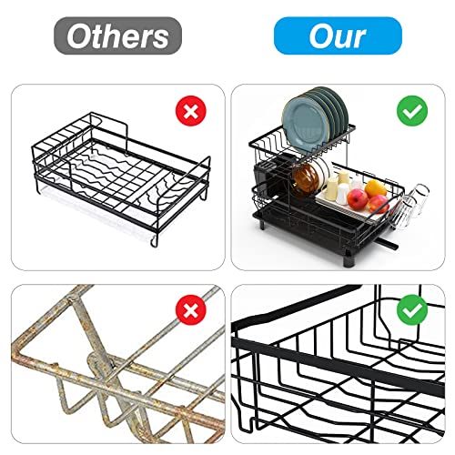 YGEOMER Large Dish Drying Rack, 2-Tier Dish Racks for Kitchen Counter, Detachable Dish Drainers with Utensil Holder, Kitchen Gadgets with Drainboard & Cup Holders, Black