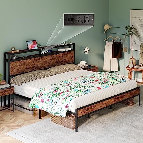 LUXOAK King Size Bed Frame, Platform Bed Frame with 2-Tier Storage Headboard and Charging Station/No Box Spring Needed/Noise Free/Industrial/Rustic Brown