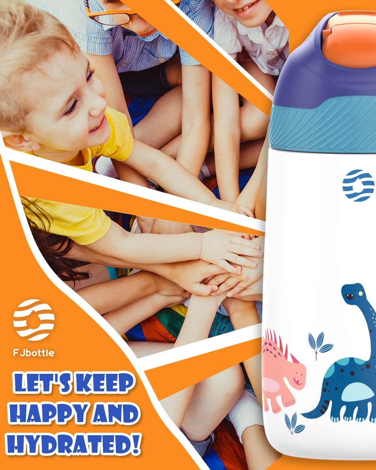 FEIJIAN Kids Insulated Water Bottle With Straw Lid 14oz, Leak-Proof BPA-FREE Metal Drink Flask, Double Wall Vacuum Stainless Steel Cup