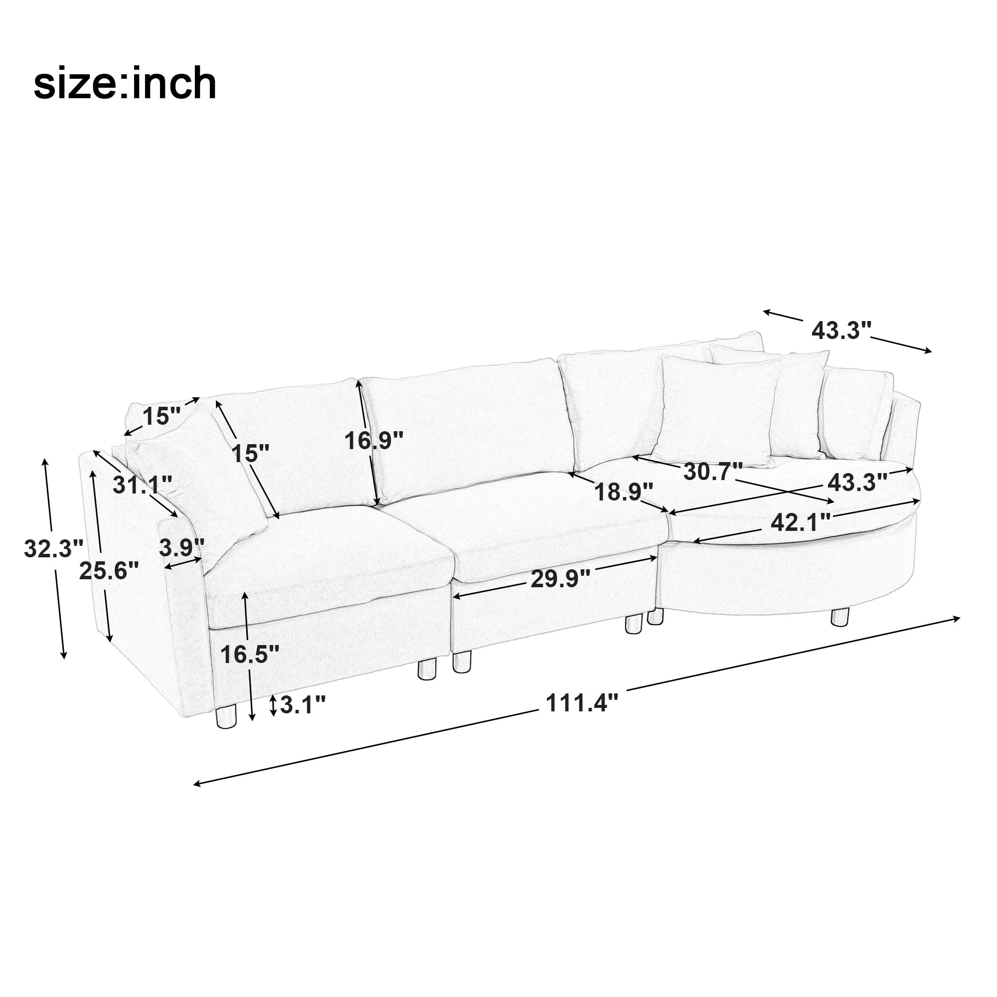 Merax 3 Seater Upholstered Couch Living Room Sofa with Three Pillows and Curved Seat for Apartment, Grey Sectional