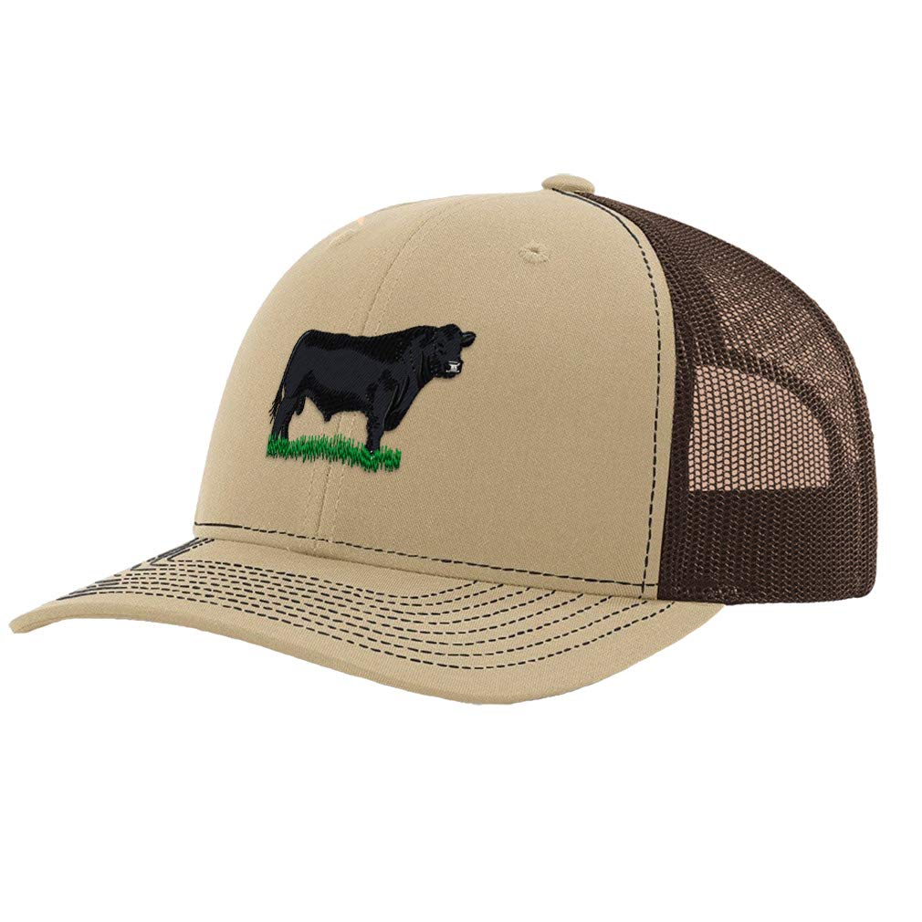 Custom Richardson Trucker Hat Angus Bull Embroidery Animal Name Polyester Baseball Mesh Cap Snaps - Khaki/Coffee, Personalized Text Here