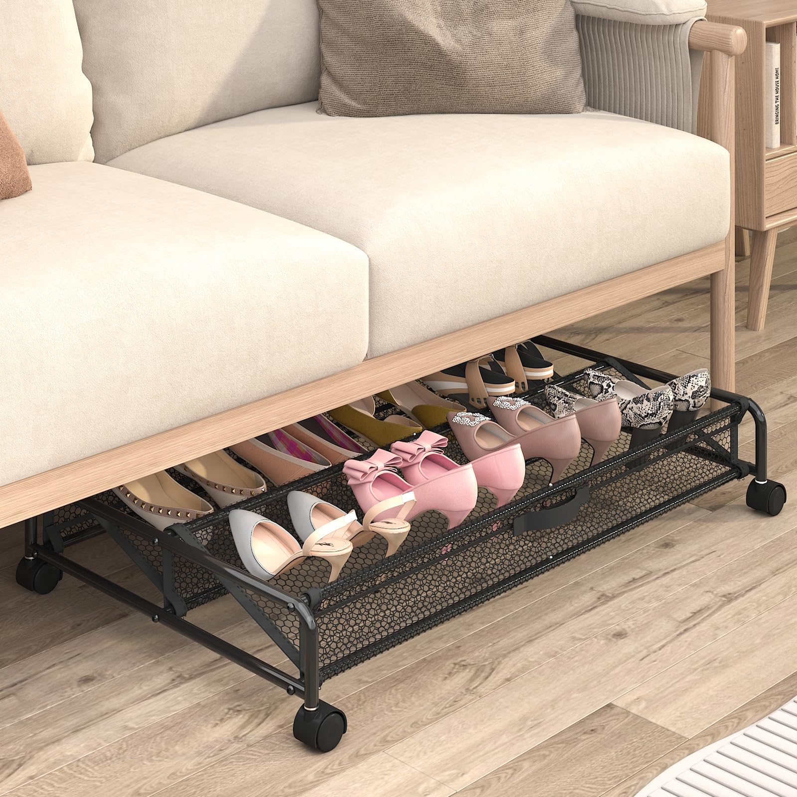 KOSIWU Under Bed Shoe Storage with Wheels, 2 Pack Rolling Under Bed Storage Containers for Shoes Metal Shoe Rack Organizer Bedroom Organization