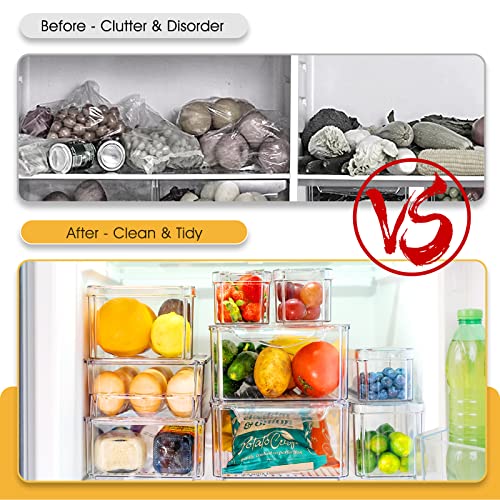 ZNM Refrigerator Organizer Bins, Stackable Fridge Organizer for Pantry Organization, Clear Plastic Storage Bins with Handle & Lid for Freezer, Kitchen, Countertops, Cabinets- BPA Free(Set of 9)