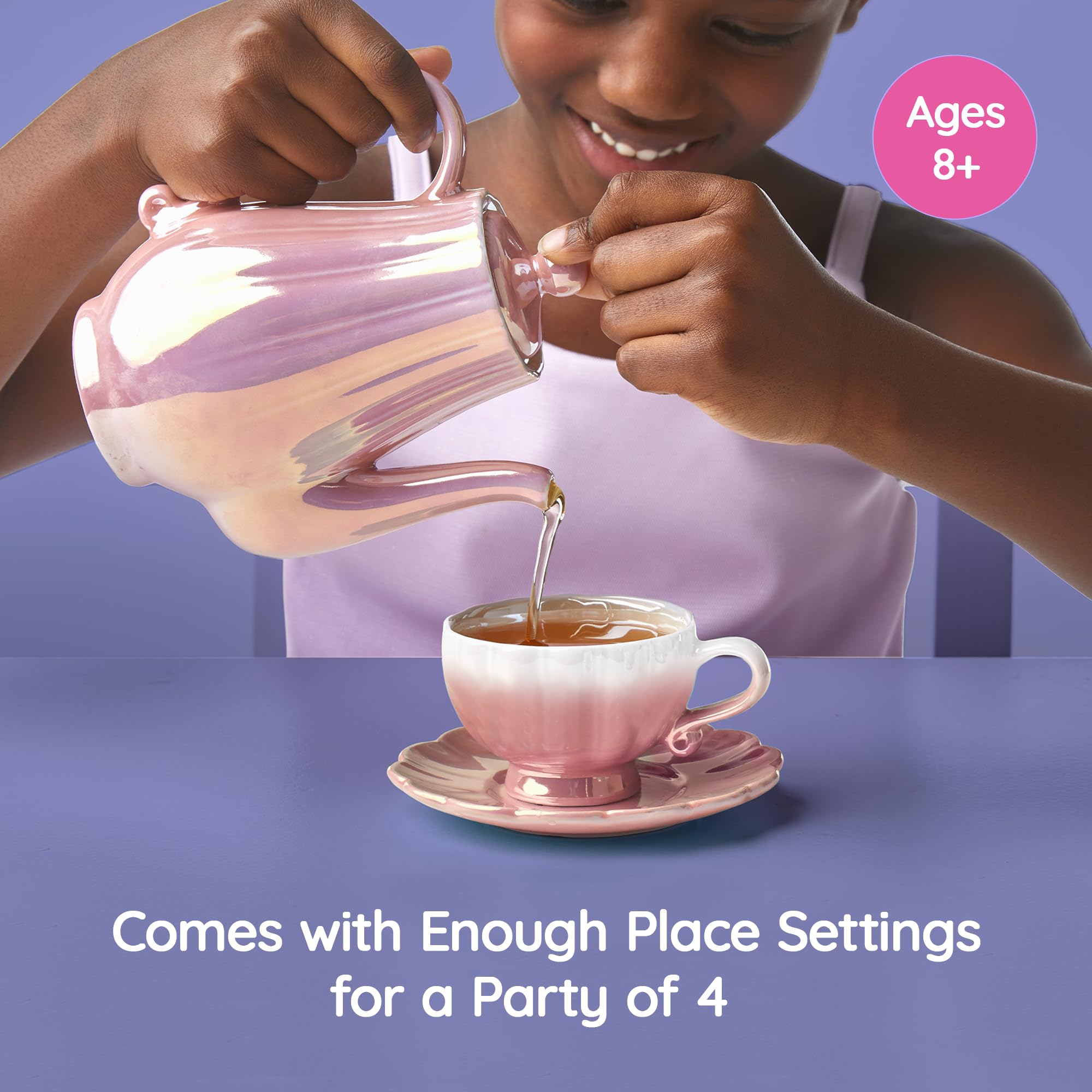 Dream Studio Ceramic Tea Party Set [2023 Amazon Exclusive] 9-Piece Pretend Set, Teapot 4 Cups & 4 Saucers, Hand-Painted Glaze, Safe BPA-Free & Non-Toxic, Imagination Play Activity Toy for Girls & Boys