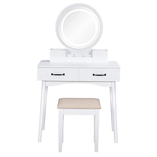 UTEX Makeup Vanity Desk with Round Mirror and Lights,White Vanity Makeup Table, Small Vanity Table with 2 Drawers, 3 Lighting Modes Dresser Desk and Cushioned Stool SetĀ for Bedroom, White