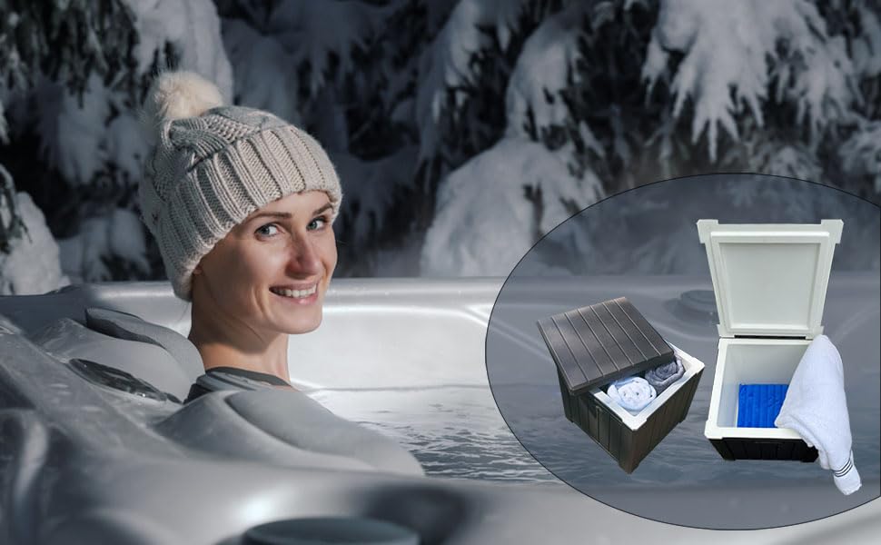 Hot Tub Towel and Robe Warmer/Cooler/Deck Box with Microwavable Heat Pad - Weather-Resistant, Large Capacity for Outdoor Hot Tub Pool or Spa (Black)
