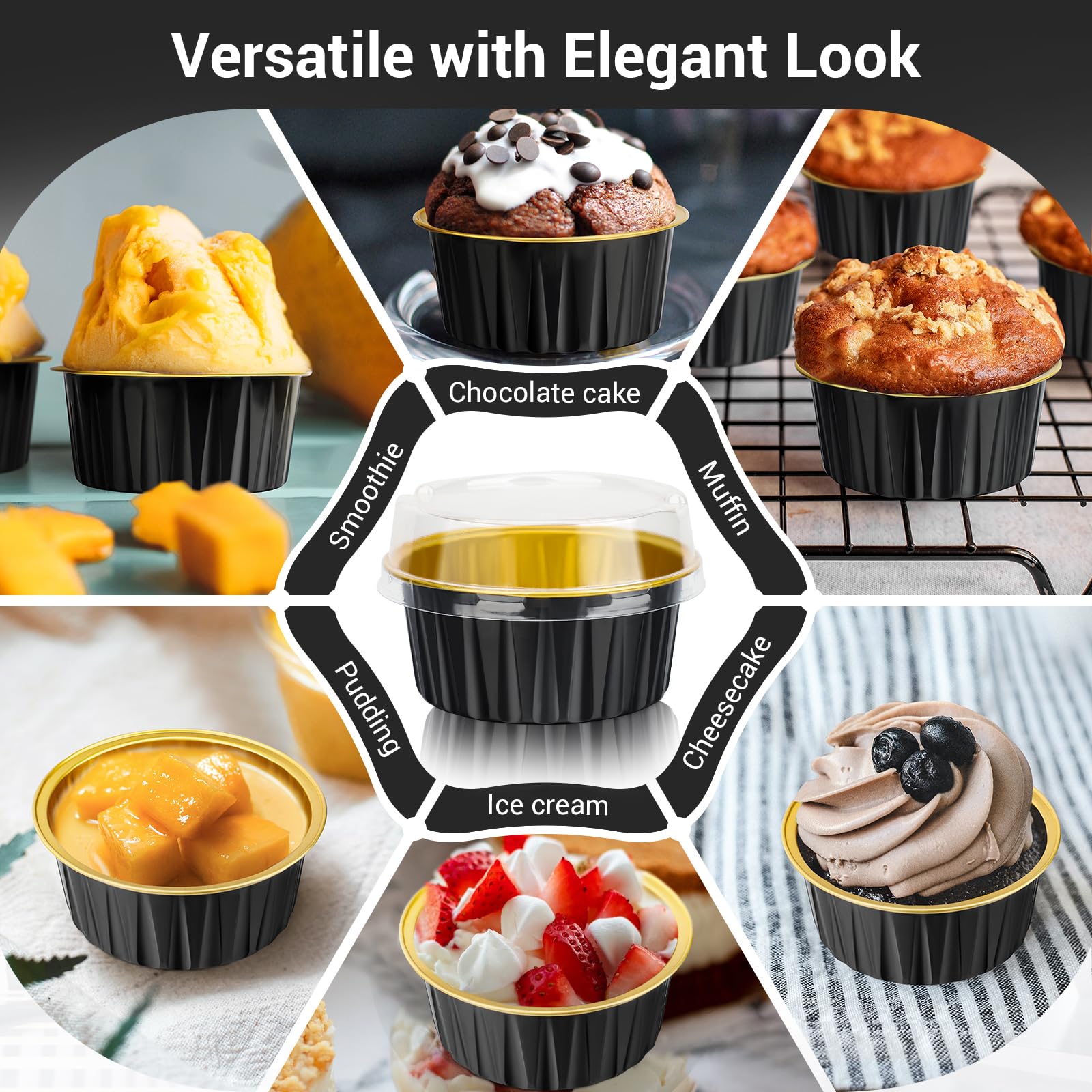 EUSOAR Ramekins with Lids, 25pcs 5oz Cupcake Liners Aluminum Foil Baking Dessert Cups Holders, Mini Muffin Creme Brulee Disposable Ramekins Cheesecake Pan for Catering Wedding Party Favor-Black&Gold
