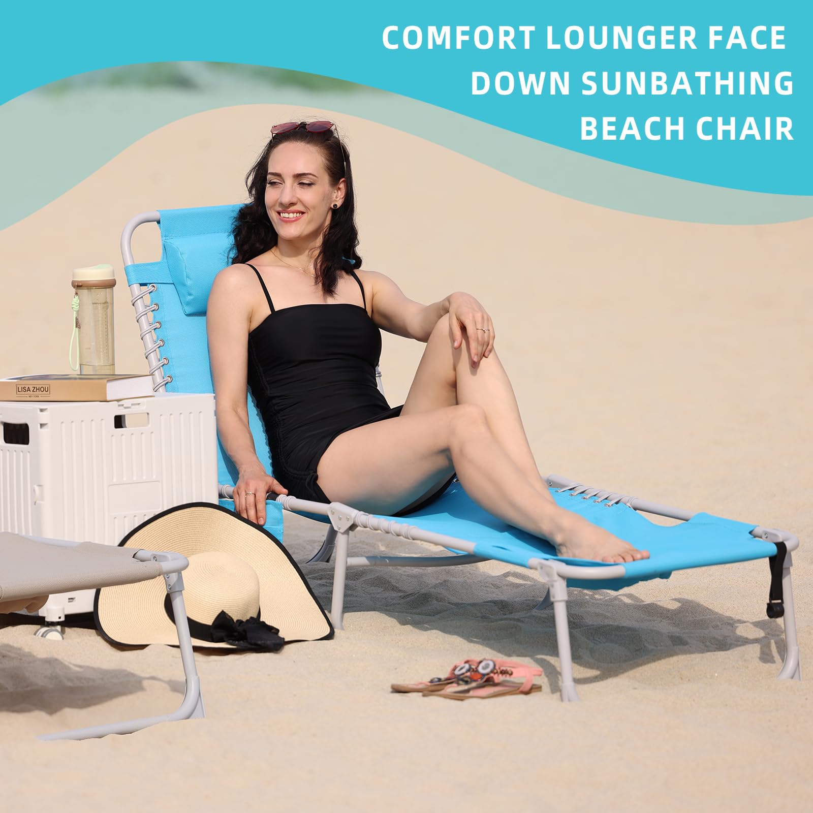 HBWHBW Tanning Chair with Face & Arm Hole- Chaise Lounge Beach Chair for Outdoor Pool, Sunbathing and Reading on Stomach- Versatile Folding Lounger for Tanning (Beige Textilene)