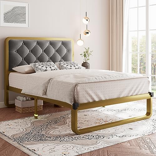 iPormis Twin Size Metal Bed Frame with Velvet Button Tufted Headboard, Curved Platform Bed Frame, Thicker Metal Steel Slats Support, 12'' Under-Bed Space, Noise-Free, Easy Assembly, Gold & Grey