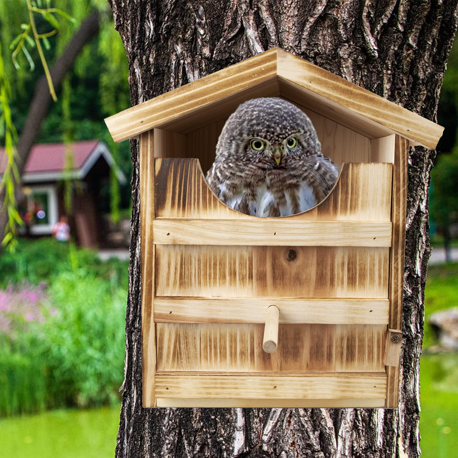 Owl House, Natural Wooden Owl Box Box for Outside Hanging, Owl Nesting Box for Outside, Kestrel Tree Bird House for Backyards