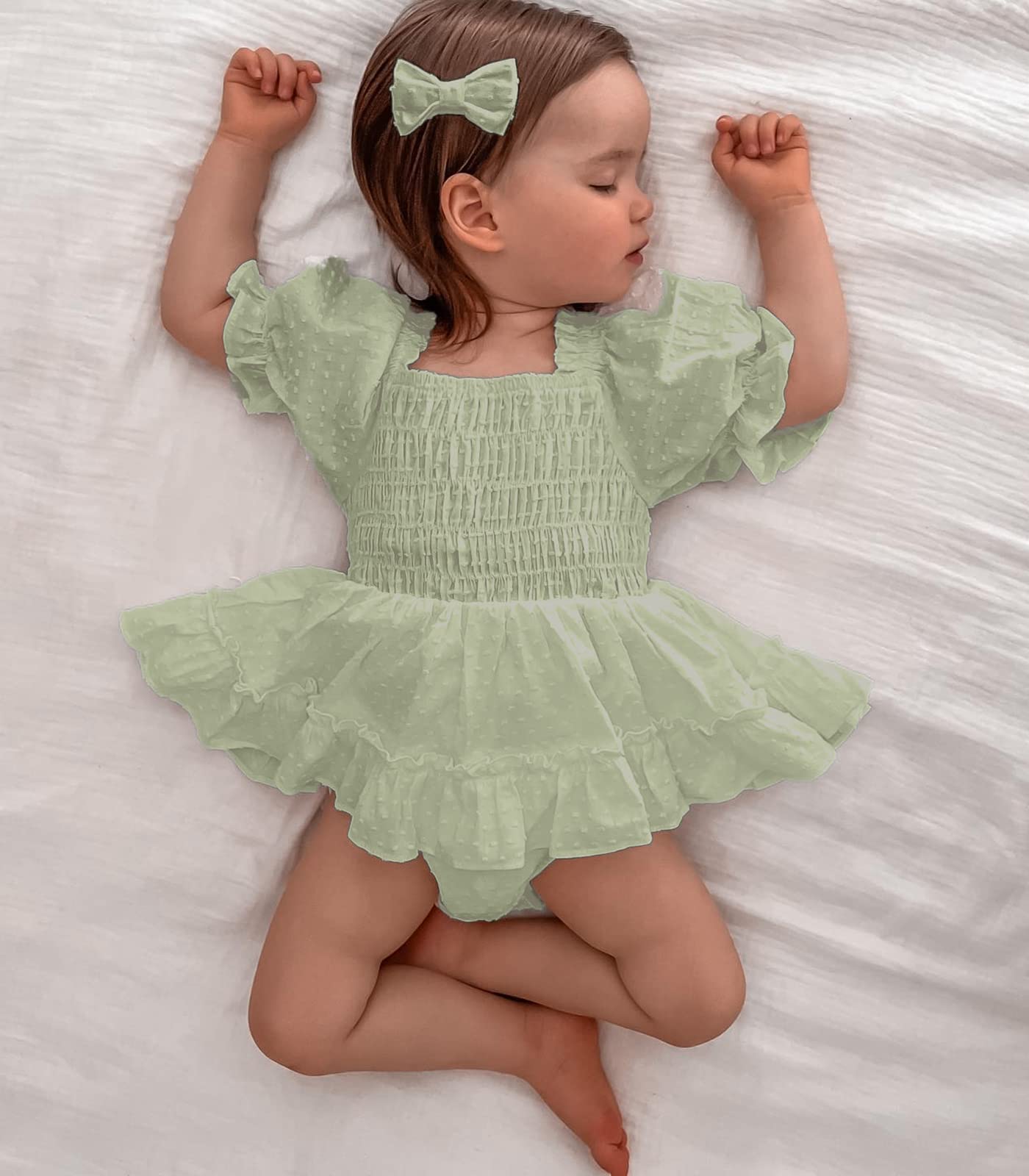 Infant Baby Girls Romper Dress Dot Pattern Short Sleeve Ruched Jumpsuits Skirts Hem Bodysuits Headband (Green dots, 0-6 Months)