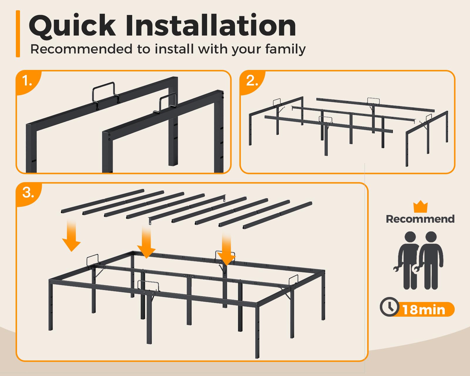 KKL King Size Bed Frame, 18 Inch Heavy Duty Steel Platform with Mattress Anti-Slip Rods, Bed Frame with Underneath Storage Space, No Box Spring Needed, Easy Assembly, Black