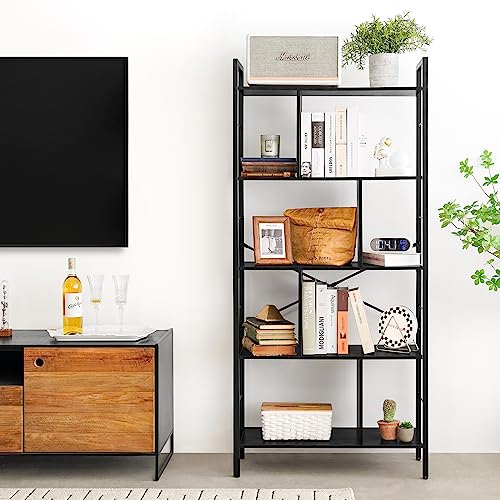 Yoobure 5 Tier Tall Book Shelf, Industrial Bookshelf Storage Bookcase, Open Wood Book Case, Rustic 5 Shelf Display Shelf for Living Room, Modern Standing Book Shelf for Bedroom, Home Office, Kitchen